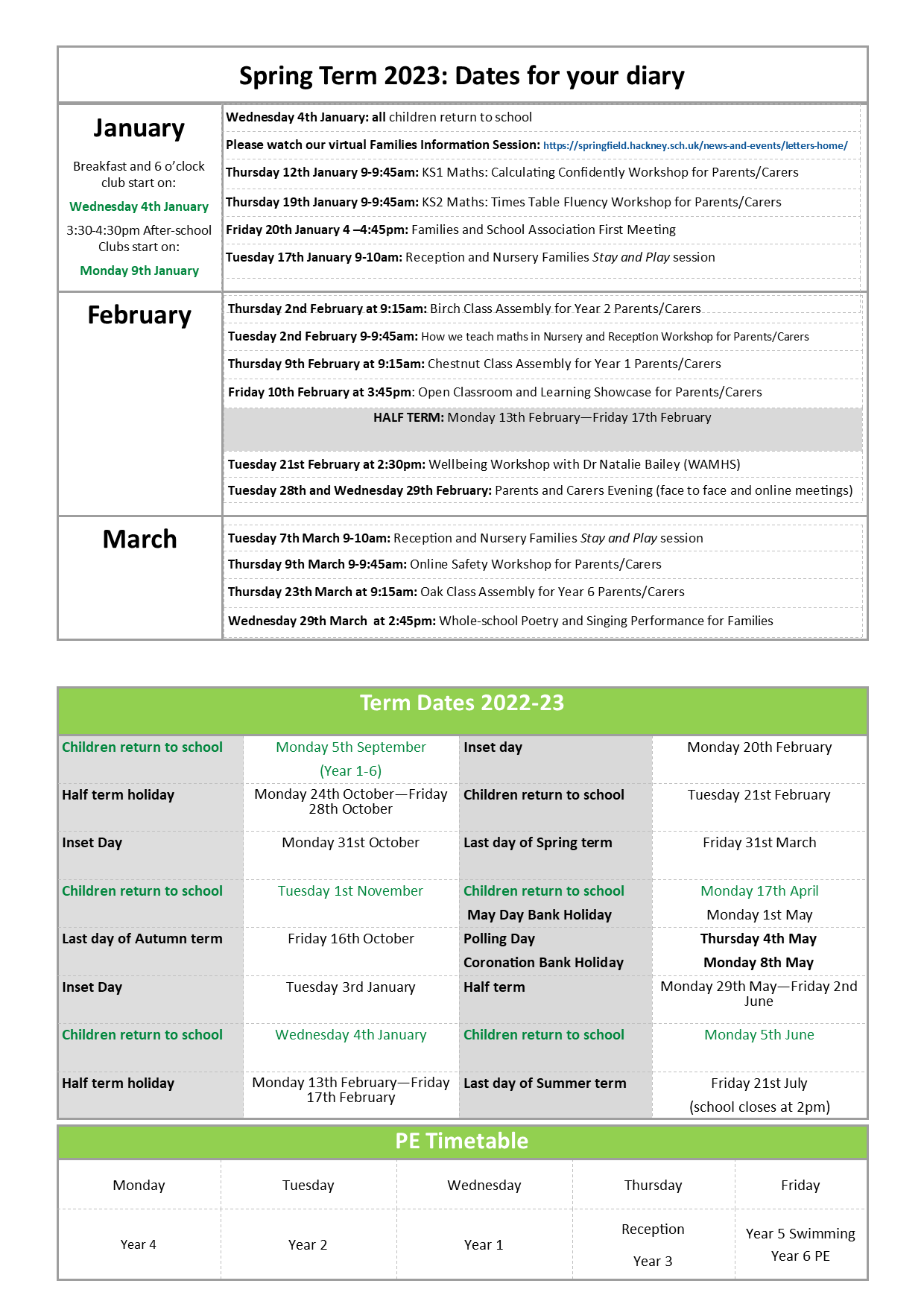 Springfield Primary School | Term Dates