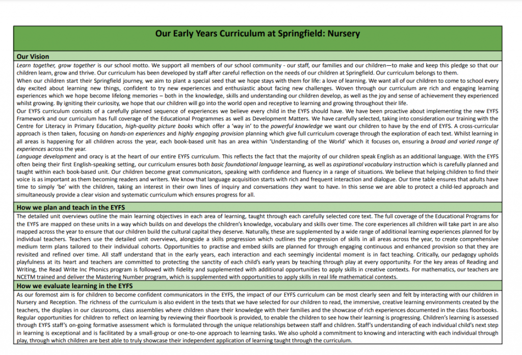 Springfield Primary School | EYFS Nursery Curriculum at Springfield